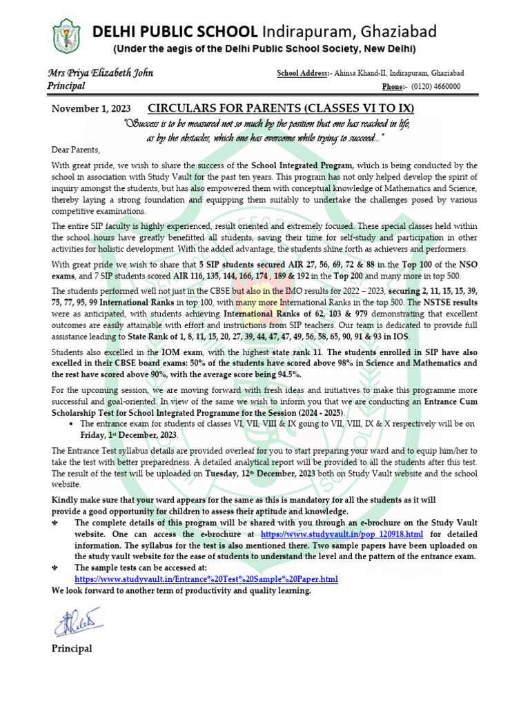 SIP Entrance Exam Details for 2024-25 | PDF | Learning