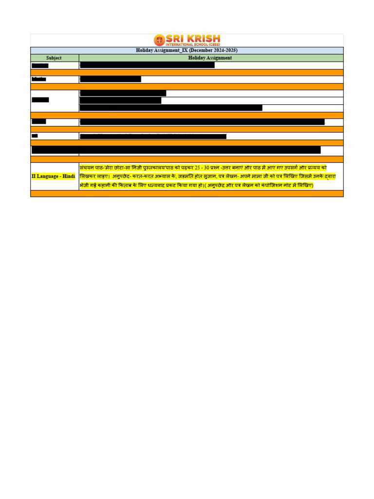 Holiday Assignment - IX (December 2024-2025) Holiday Assignment English ...