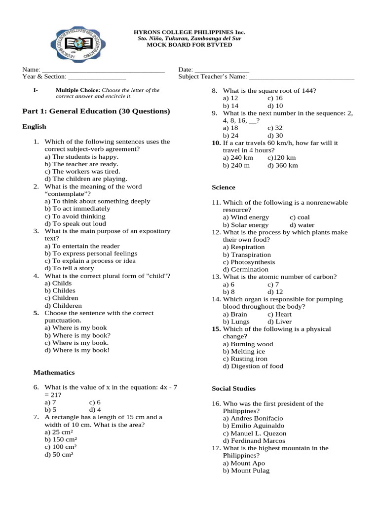 Mock Board Btvted Part 2 | PDF | Educational Assessment