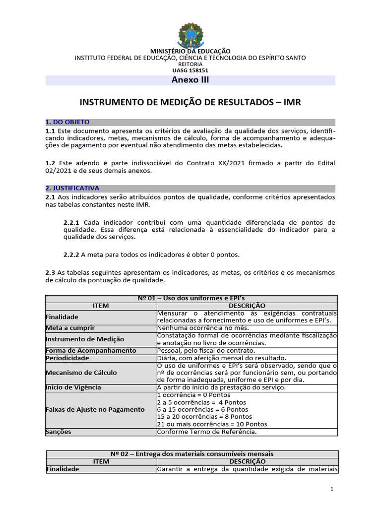 Adendo IV - IMR Instrumento de Medio de Resultados | PDF