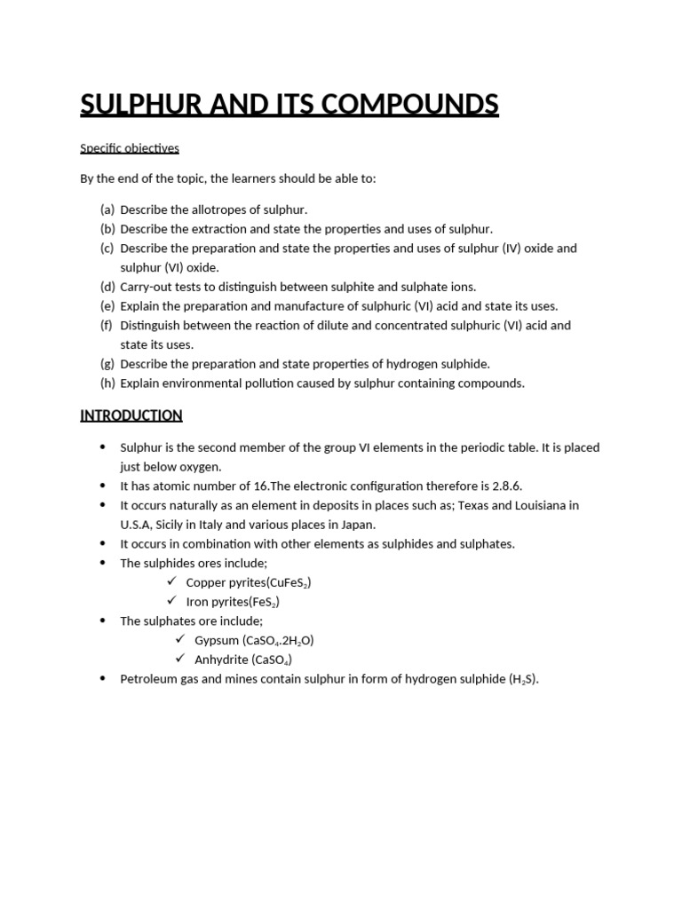 SULPHUR AND ITS COMPOUNDS | PDF | Sulfuric Acid | Sulfur