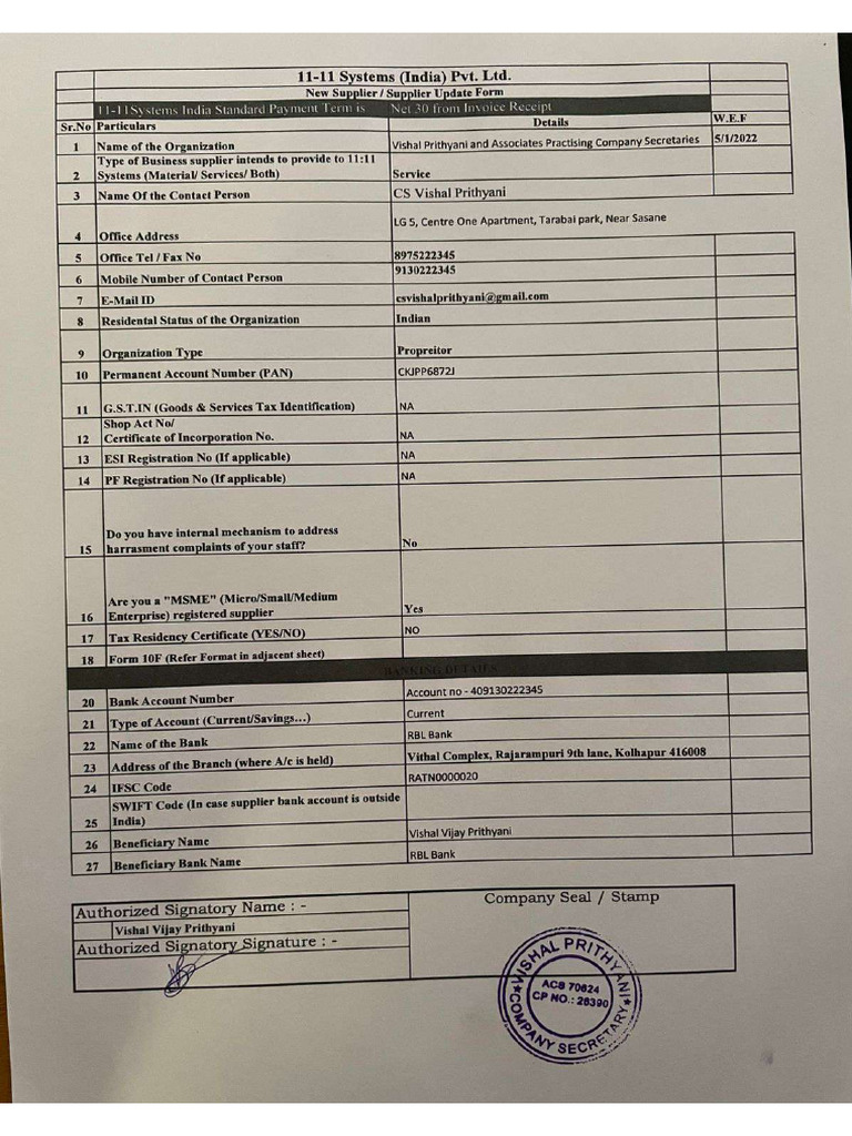 Vendor Registration Form - Updated - 11 11 Systems (India) PVT LTD | PDF