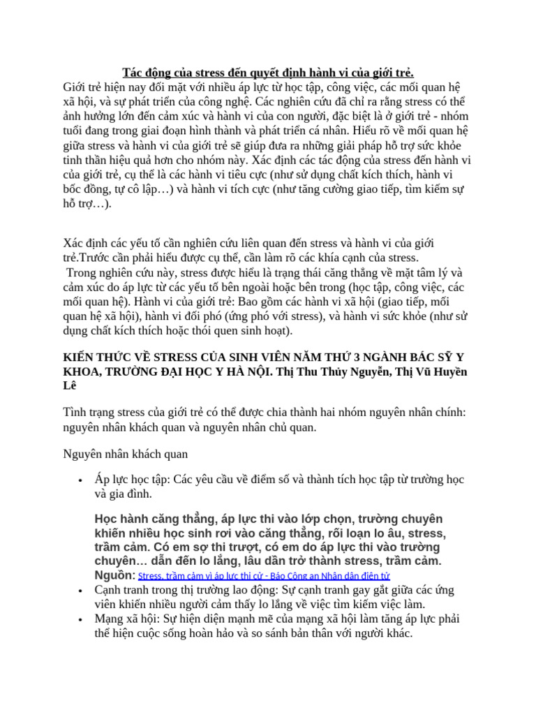 BT1 - NHÓM 1 - TÁC ĐỘNG CỦA STRESS ĐẾN QUYẾT ĐỊNH HÀNH VI CỦA GIỚI TRẺ | PDF