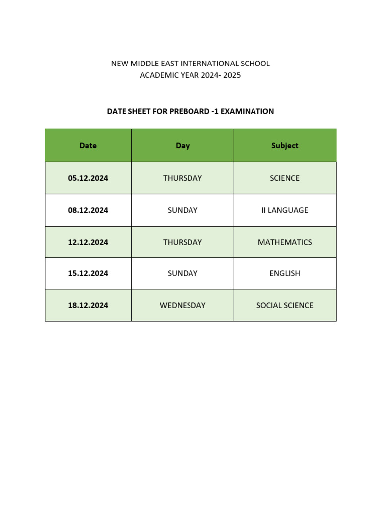 3.date Sheet For Preboard - 1 Examination Grade 10 | PDF
