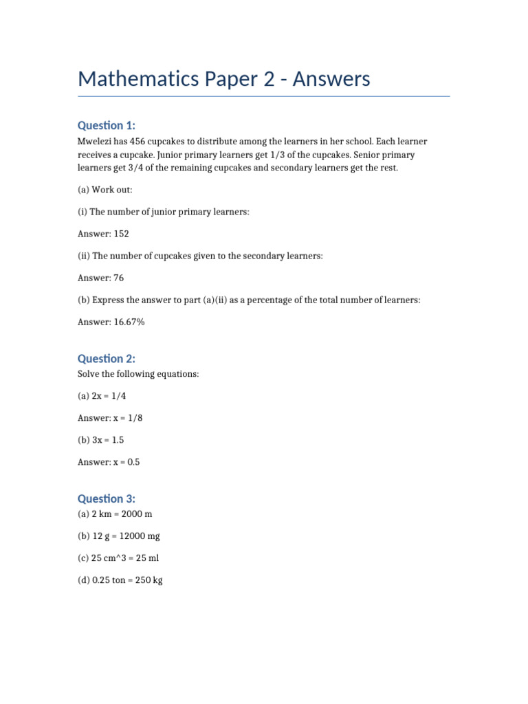 Mathematics Paper 2 Answers | PDF