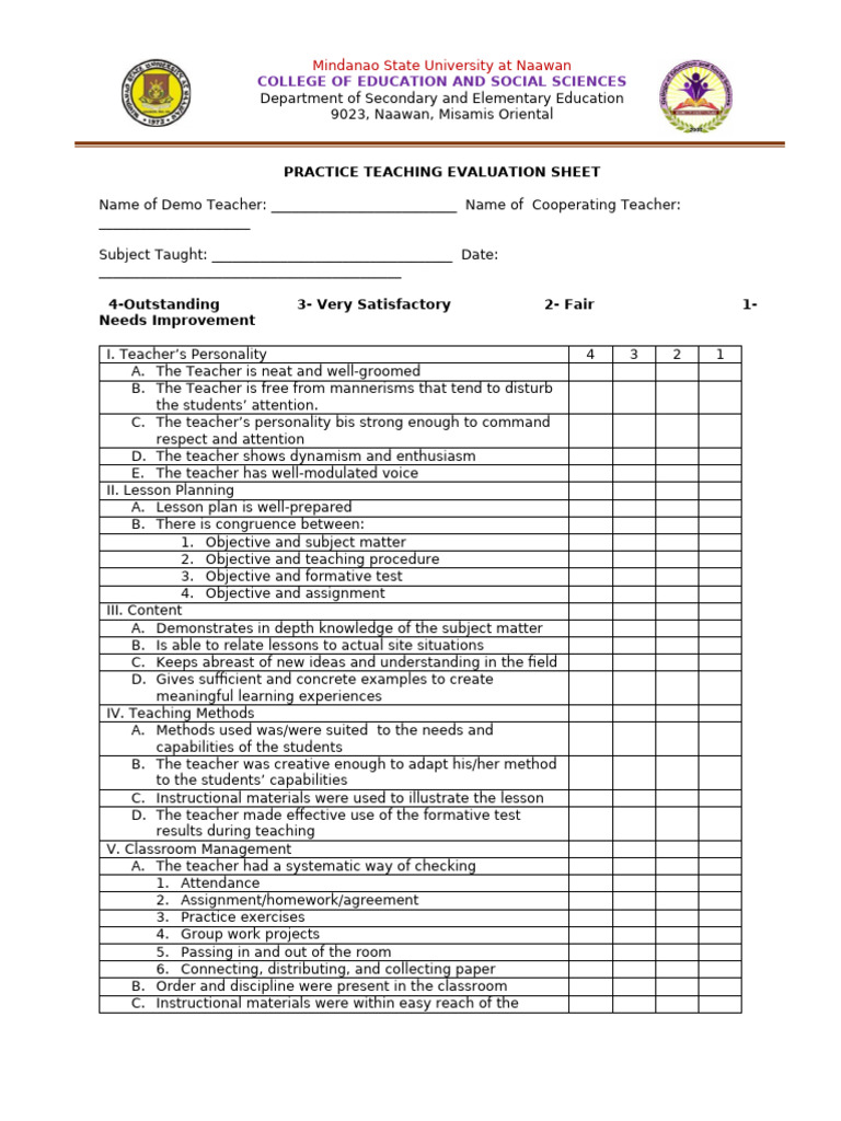 Practice Teaching Evaluation Form | PDF | Teachers | Teaching Method