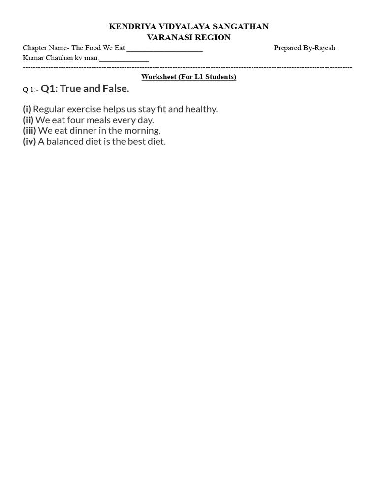 Food We Eat Worksheet for Class 1 | PDF