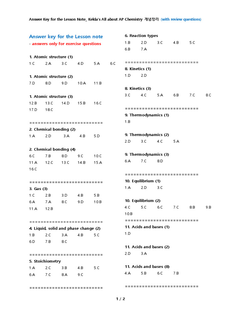 AP Chemistry Answer Key Overview | PDF | Chemistry | Chemical Kinetics