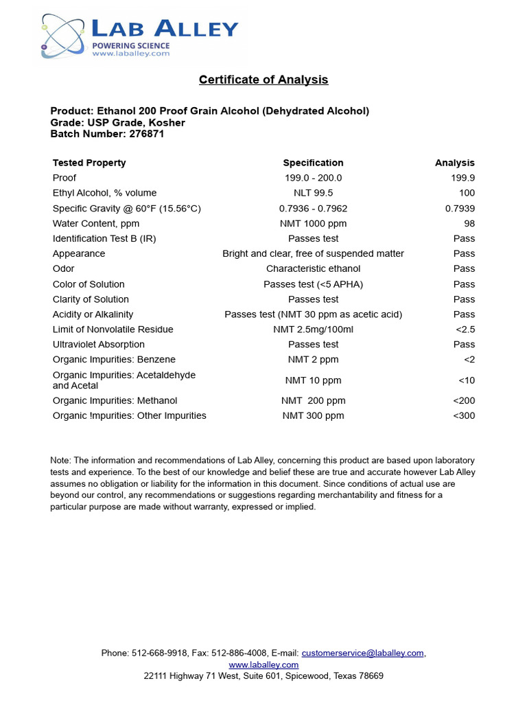 Ethanol_200_Proof_USP_EAP1000_COA_Lot_276871 | PDF | Ethanol | Alcohol