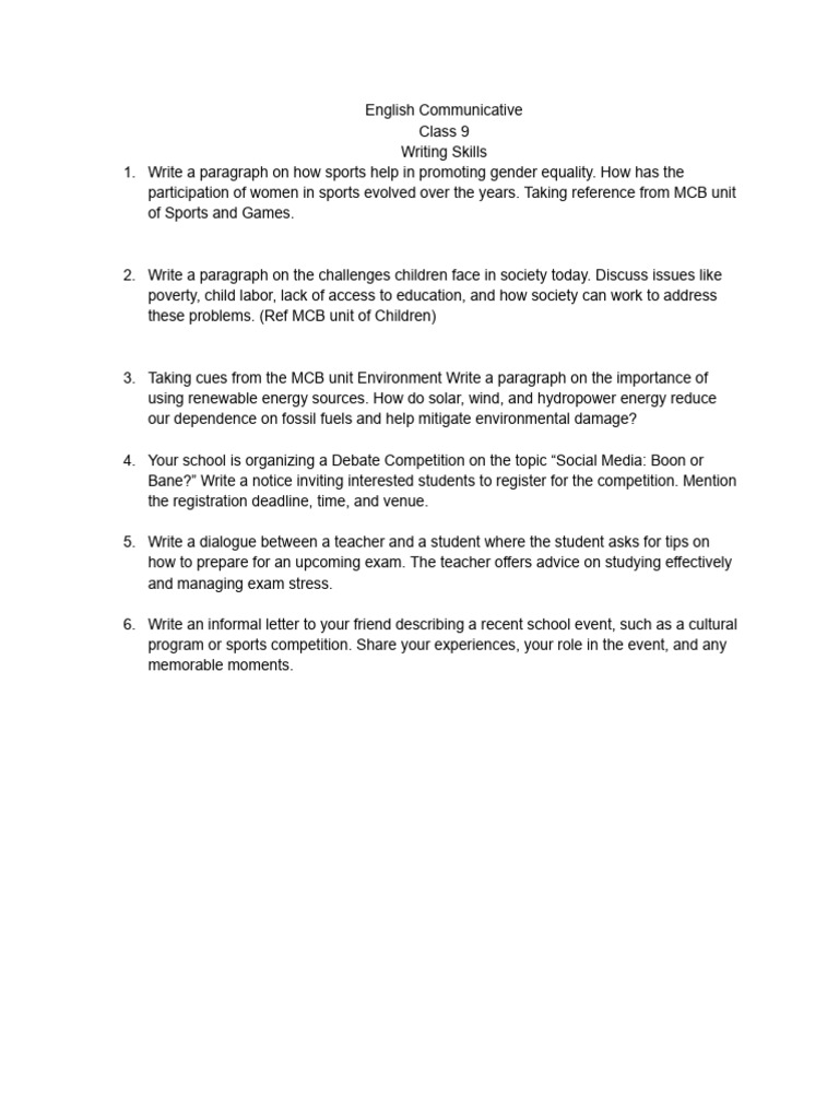 Class 9 Writing Skills Activities | PDF