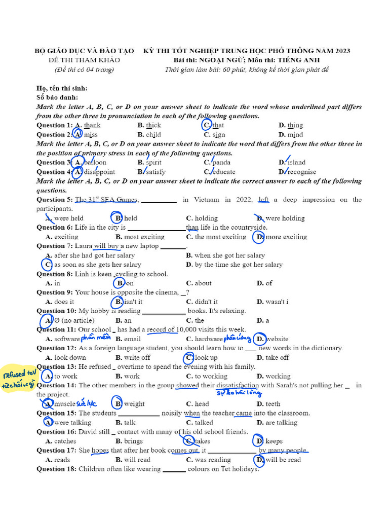 Đề thi thử THPT Quốc Gia năm 2023 môn tiếng Anh mh | PDF