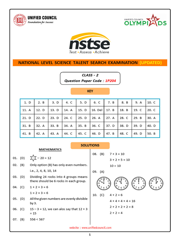 CL - 2 - NSTSE-2024-Paper-1P204 Key-Updated | PDF | Educational ...