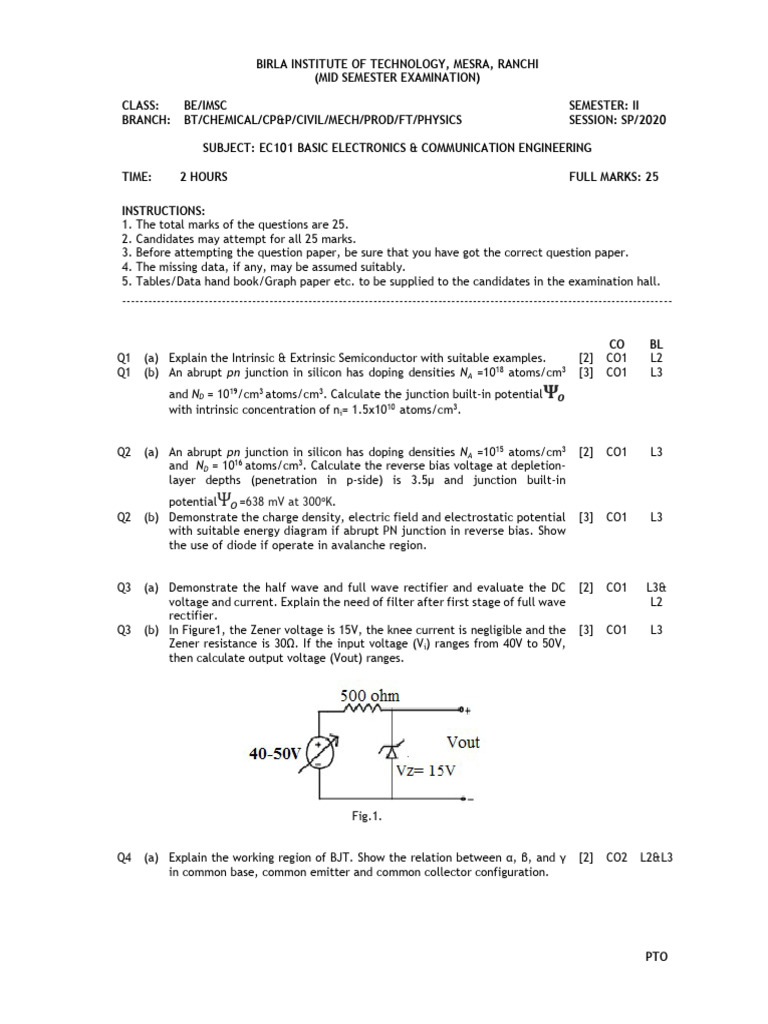 Ec101 Basic Electronics & Communication Engineering (Mid - SP20) | PDF | P–N Junction | Solid ...