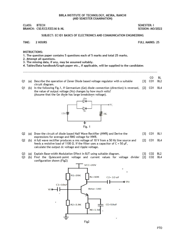 Ec101 Basics of Electronics and Communication Engineering (Mid - Mo22) | PDF | Rectifier | Diode
