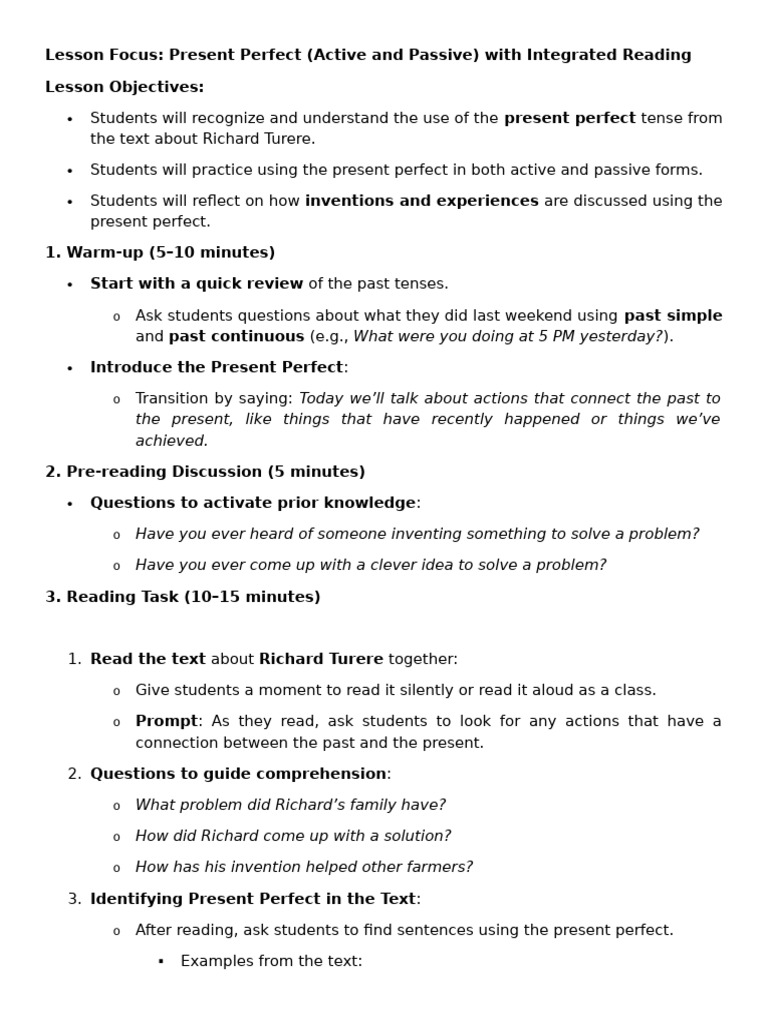 ESL Grade 8_Lesson 4_Presen Perfect plan | PDF | Perfect (Grammar) | Linguistics