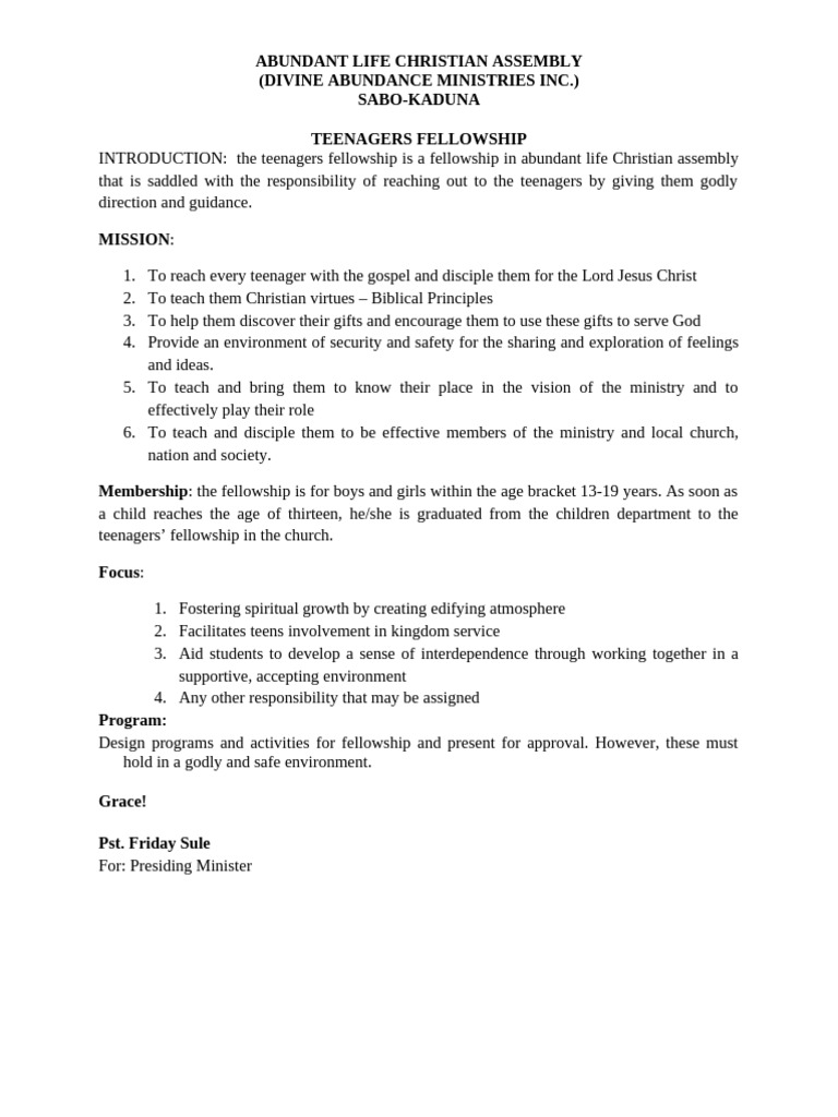 Teen Fellowship Guidlines | PDF