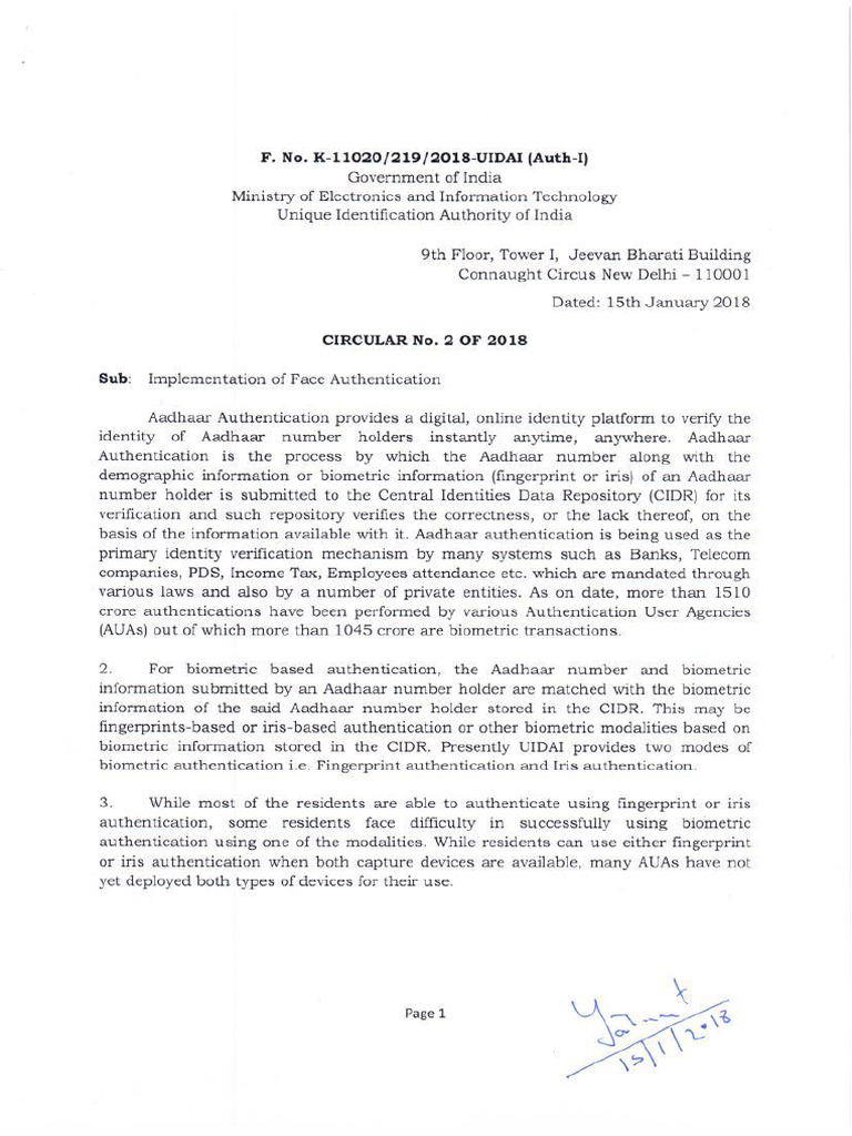 Uidai Circular Face Authentication 15012018 | PDF