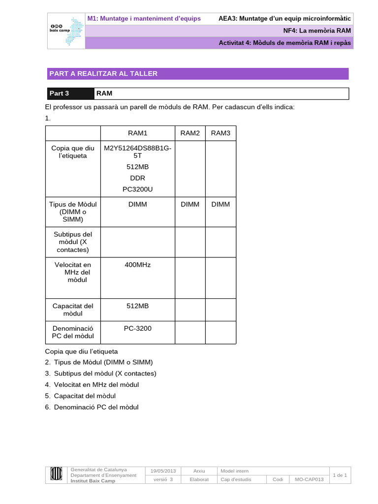AEA3-NF4-Activitat1 - Mòduls de Memòria RAM I Repàs - TALLER | PDF