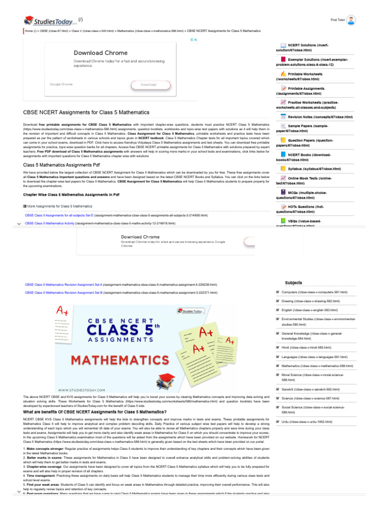 Assignments For Class 5 Mathematics PDF Download12 | PDF | Multiple Choice | Worksheet