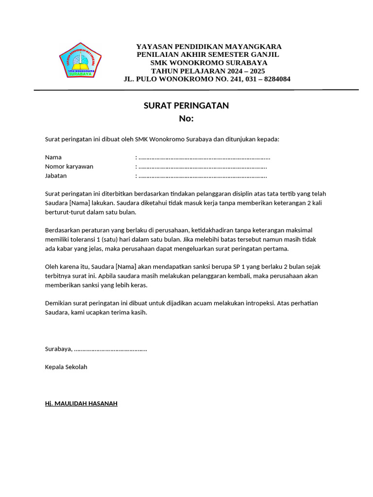 Contoh Surat Peringatan Karyawan Teguran | PDF