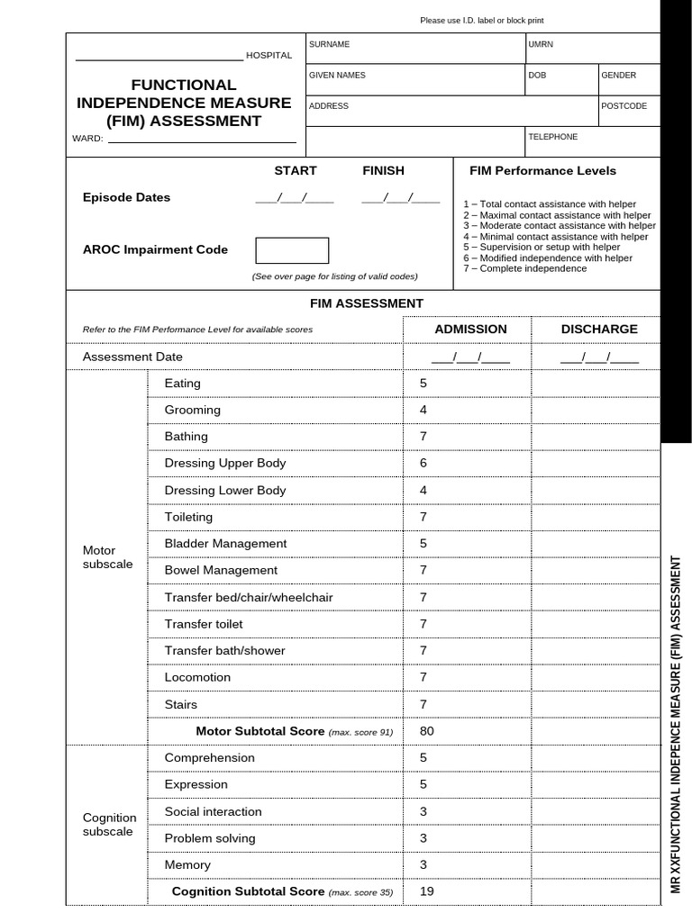 FIM Assessment for Functional Independence | PDF | Clinical Medicine ...