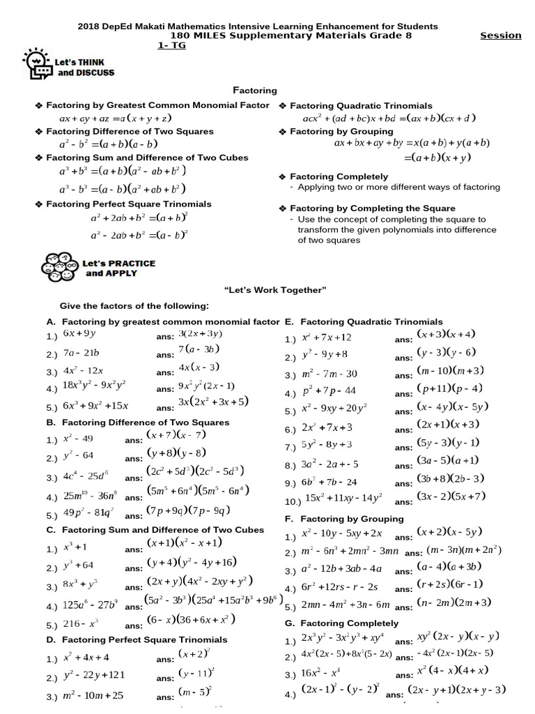 180 MILES Math 8 Session 1 Teachers Guide | PDF | Factorization | Area