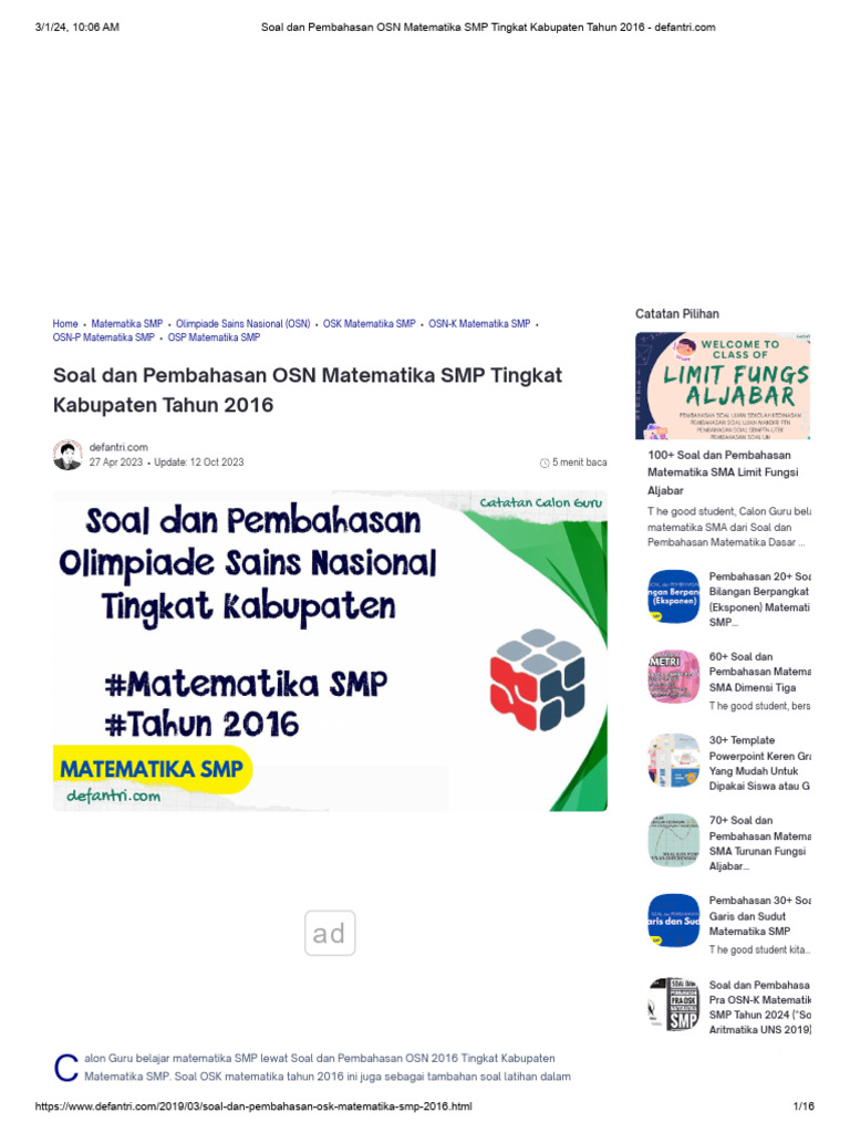 2016 - Soal Dan Pembahasan OSN Matematika SMP Tingkat Kabupaten | PDF