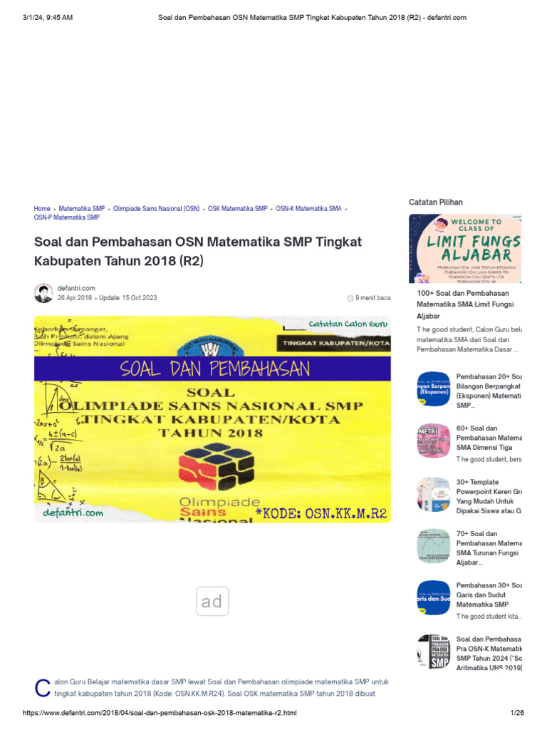 2018 (R2) - Soal Dan Pembahasan OSN Matematika SMP Tingkat Kabupaten | PDF