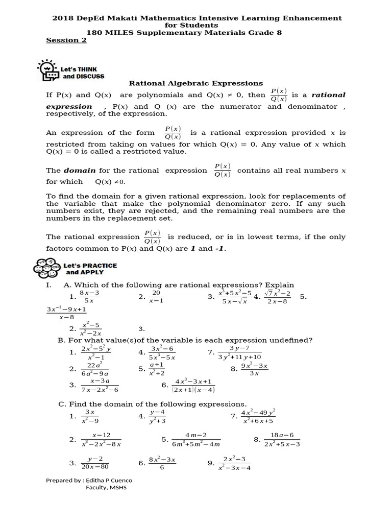 180 MILES Math 8 Session 2 | PDF | Rational Number | Polynomial