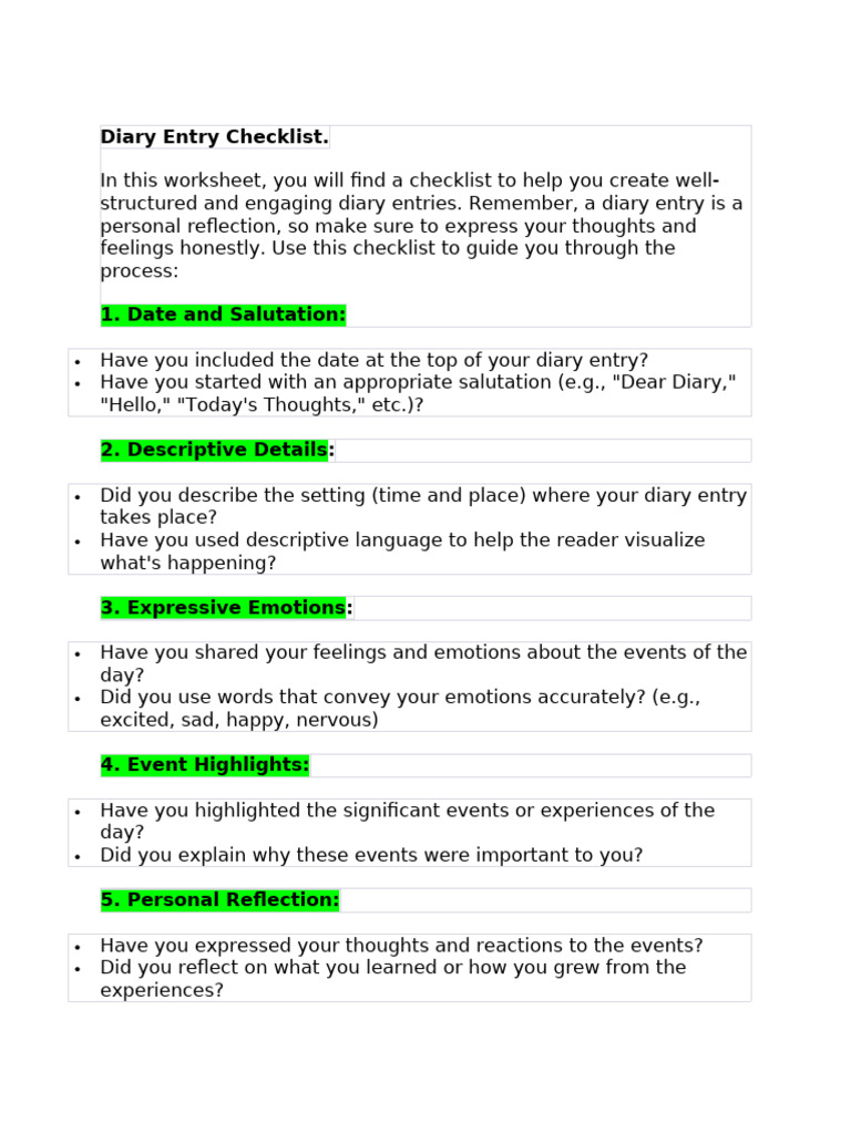 Diary Entry Checklist | PDF | Feeling | Diary