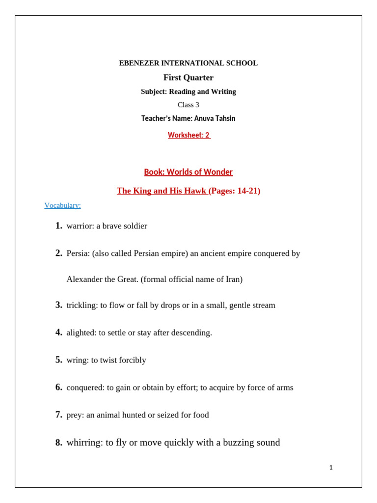 Class 3 Reading Worksheet: The King and His Hawk | PDF