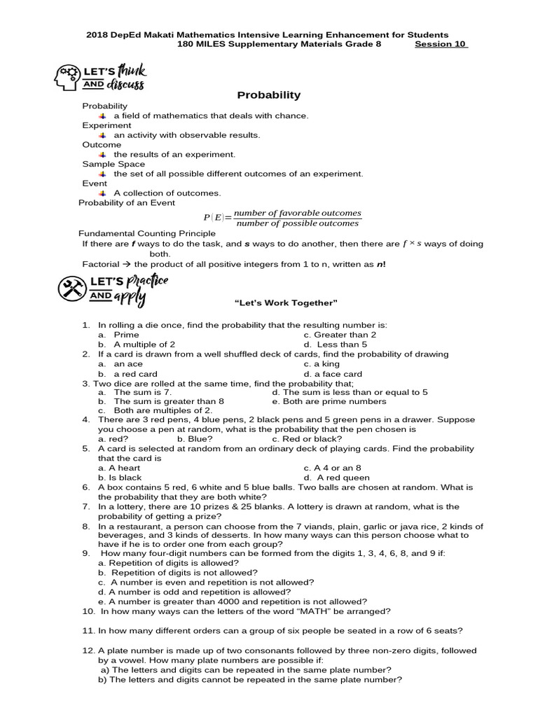 180 MILES Math 8 Session 10 | PDF | Probability | Mathematics