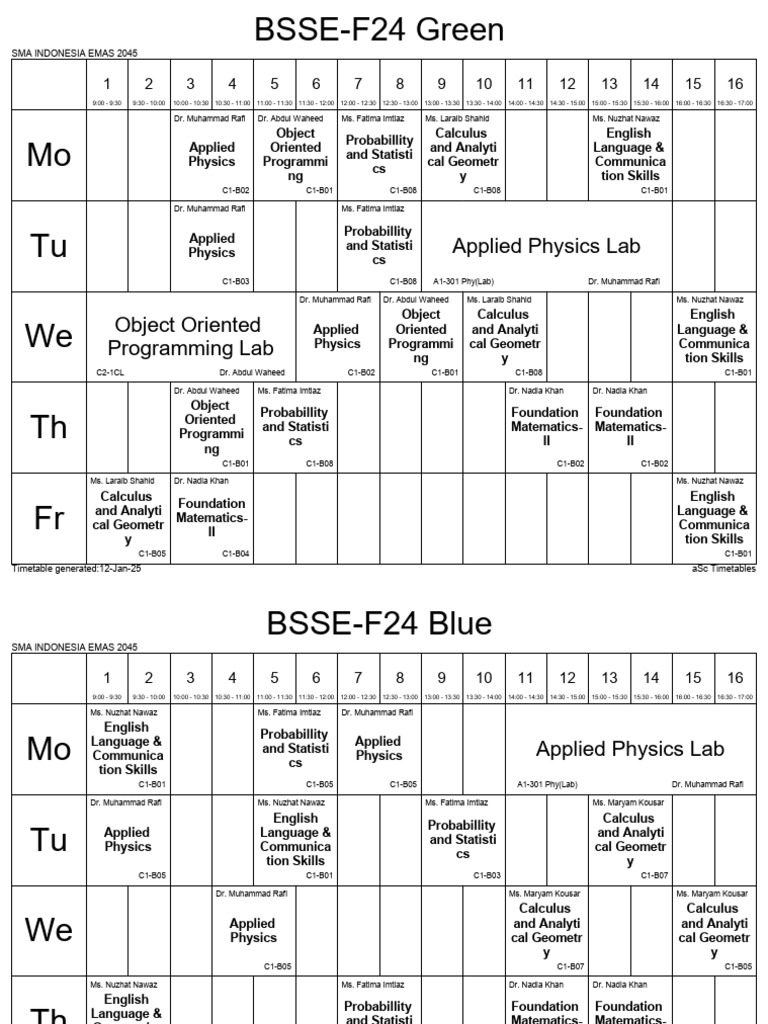 FCAAD Class Timetable Spring 2025 V1 | PDF