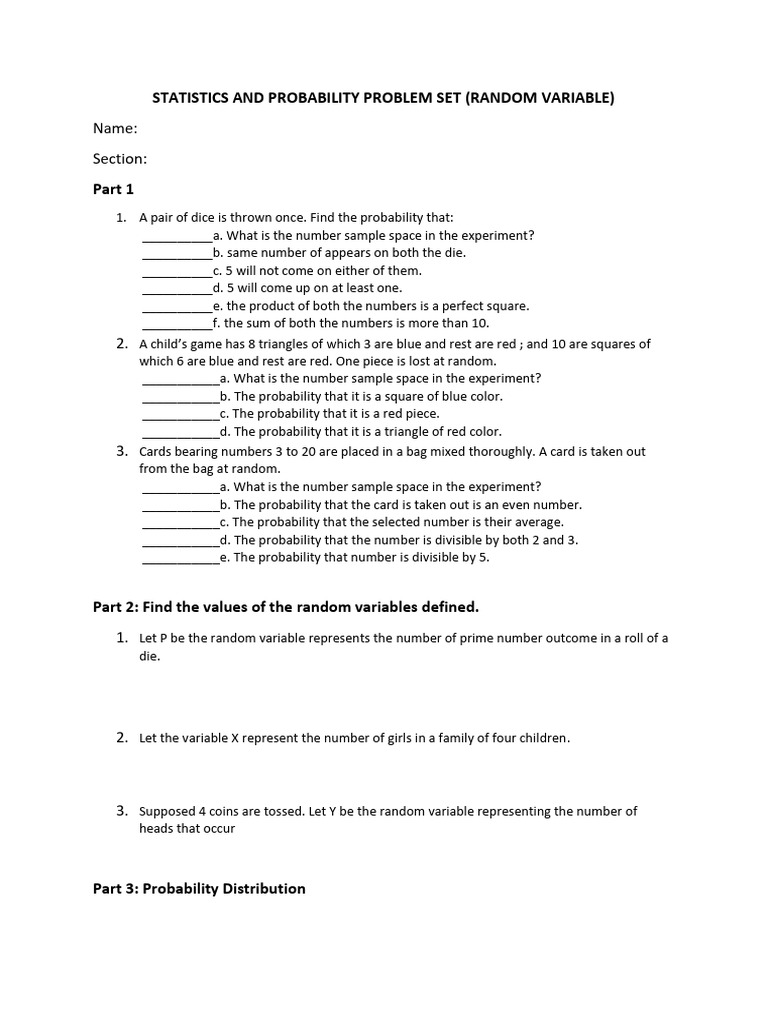 Statistics and Probability Problem Set 1 | PDF | Random Variable | Randomness