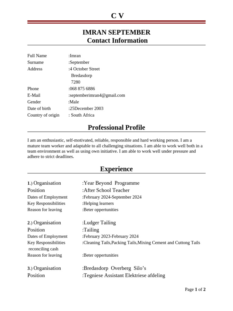 Imran September CV and Experience Summary | PDF