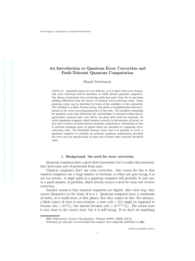 An Introduction To Quantum Error Correction and Fault-Tolerant Quantum Computation | PDF ...