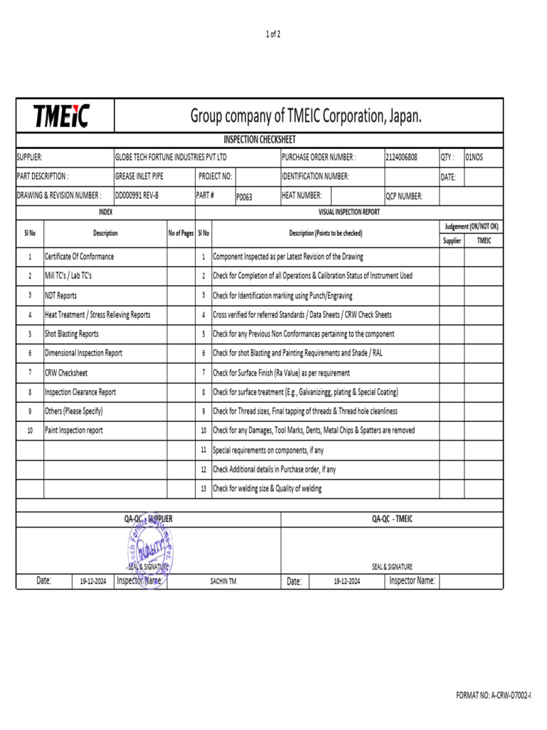 Group Company of TMEIC Corporation, Japan.: Inspection Checksheet | PDF ...