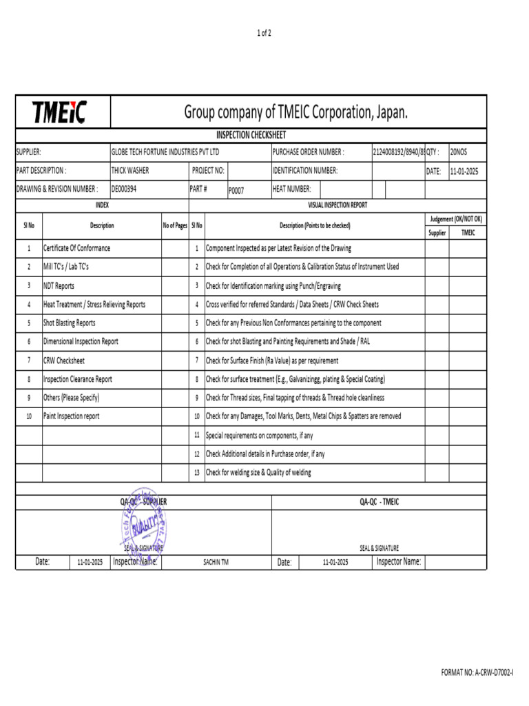 Group Company of TMEIC Corporation, Japan.: Inspection Checksheet | PDF | Engineering Tolerance ...