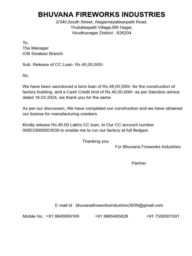 CC Loan Request for Fireworks Factory | PDF