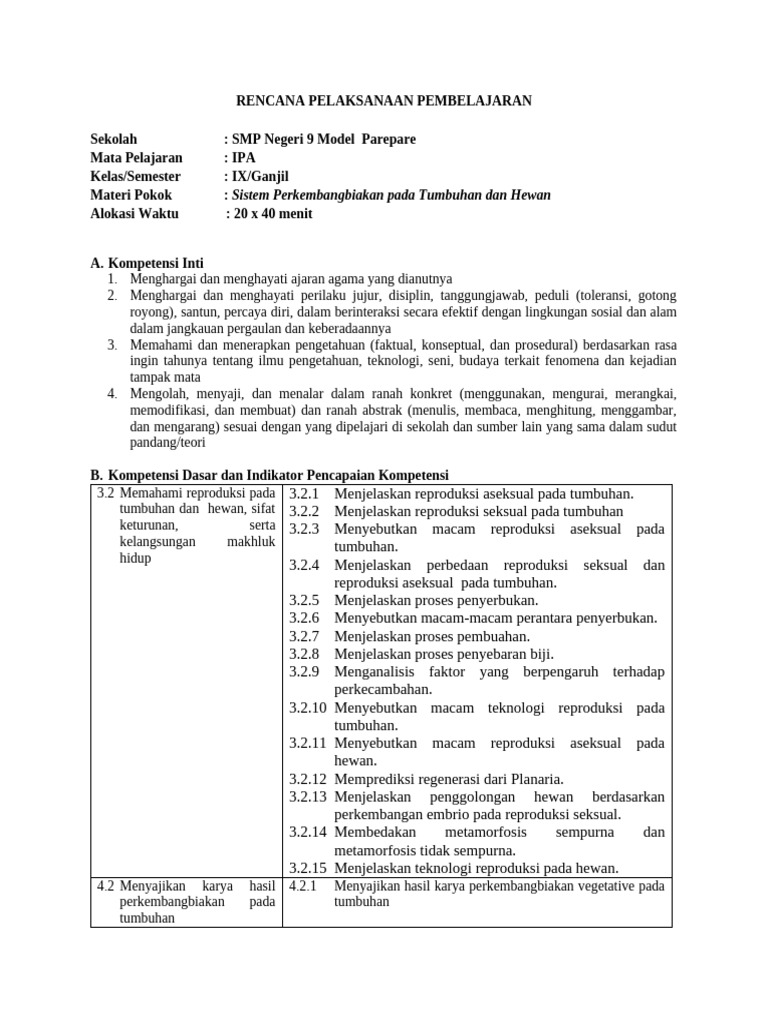 rpp sistem perkembangbiakan pada tumbuhan dan hewan - Copy | PDF