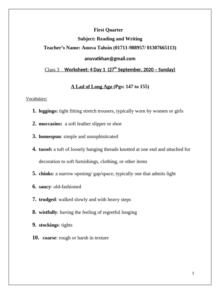 Class 3 Reading Worksheet: A Lad of Long Ago | PDF