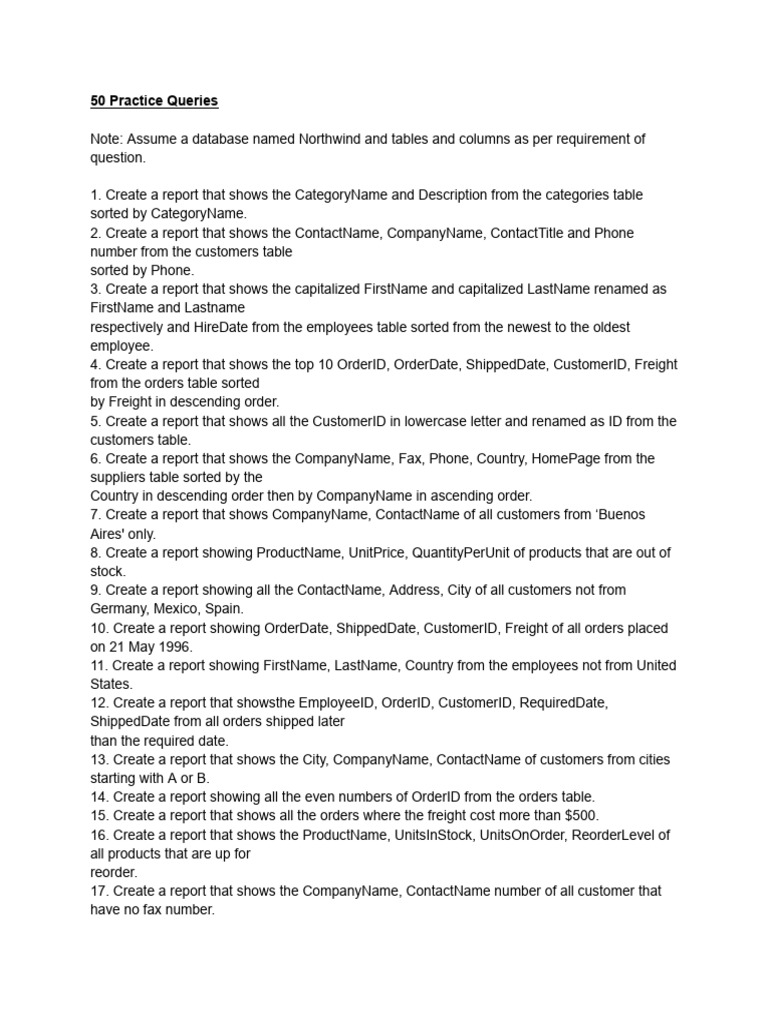 50 Practice Queries | PDF | Information Science | Databases