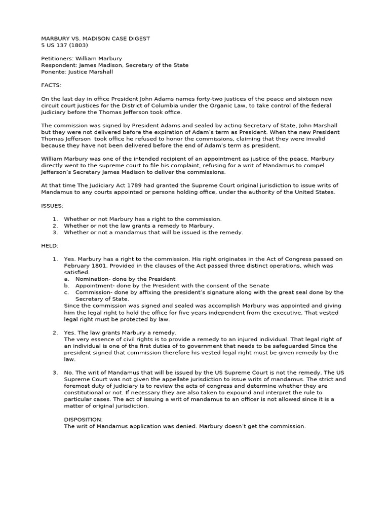 Marbury v. Madison Case Summary | PDF | Justice | Marbury V. Madison