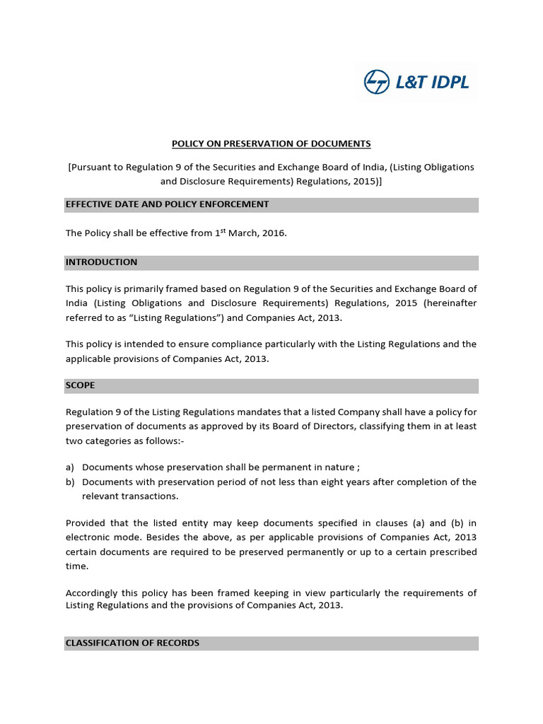 LT Ircl Policy On Preservation of Documents | PDF | Securities (Finance ...