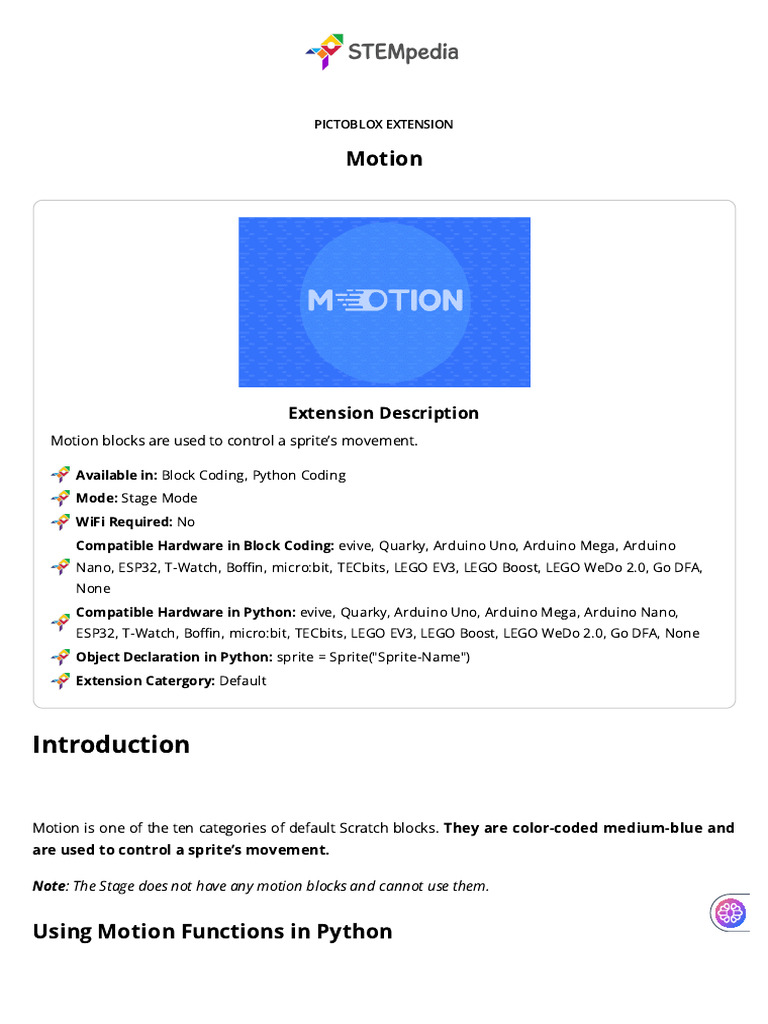 Motion Blocks in PictoBlox - Control A Sprite's Movement | PDF ...