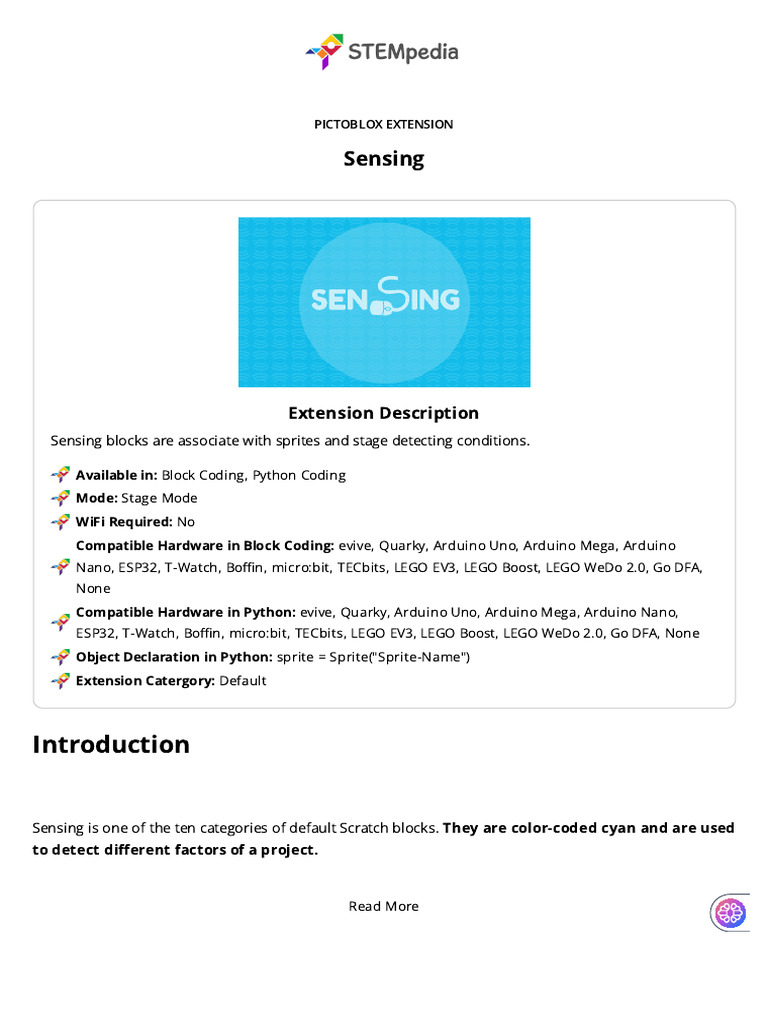 Sensing Blocks And Examples In Pictoblox Pdf Python Programming Language Arduino