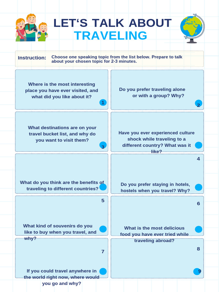 Traveling Speaking Activity Worksheet Blue in Cute Style | PDF