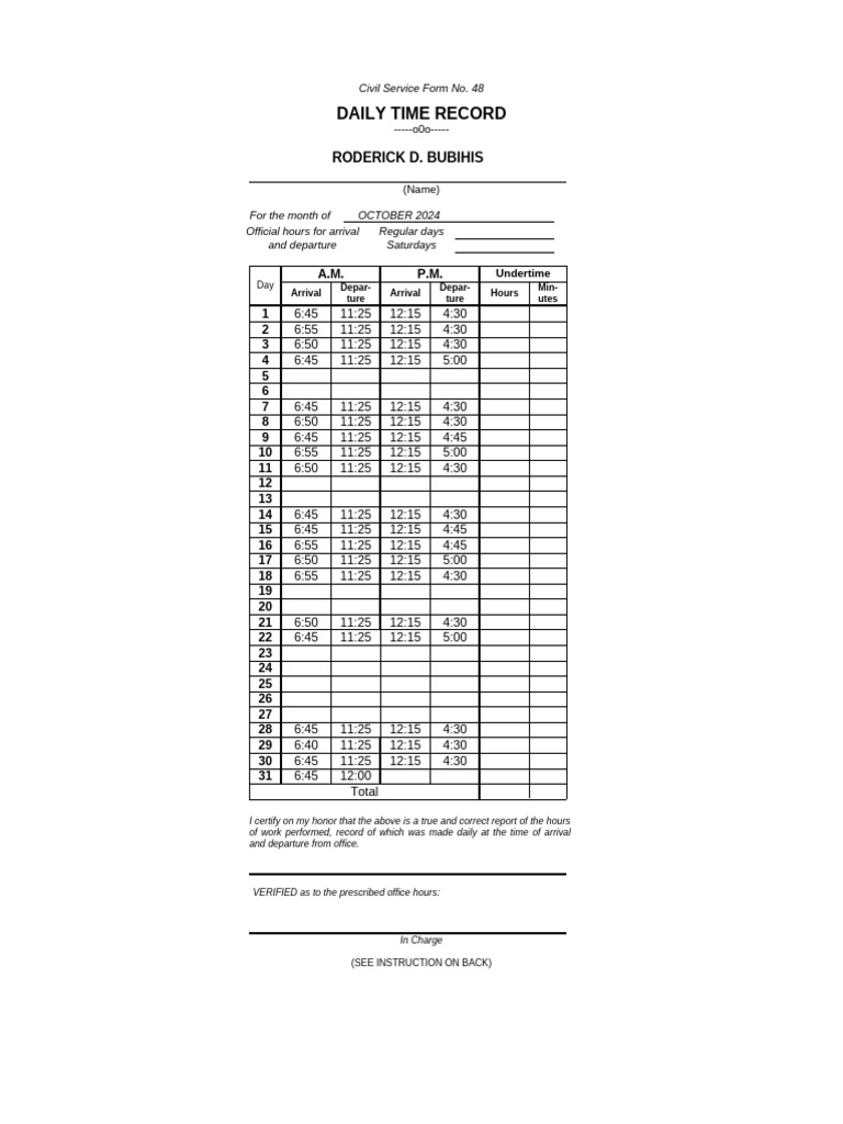 CSC Form 48 Daily Time Record (DTR) | PDF CSC Form 48 Daily Time Record (DTR) | PDF
