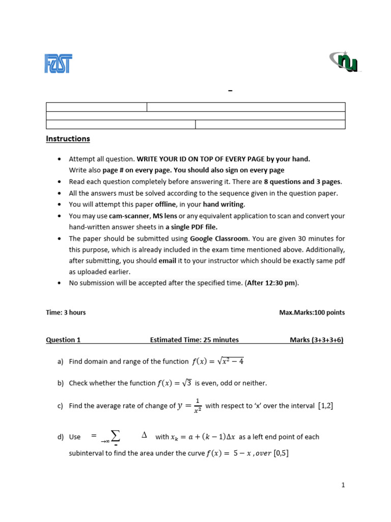 Calculus Final Exam Instructions 2020 | PDF | Integral | Mathematical Analysis