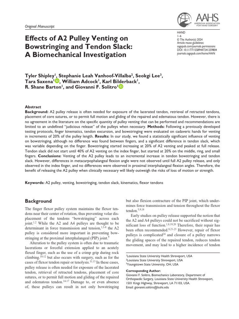 Effects of A2 Pulley Venting On Bowstringing and Tendon Slack: A ...